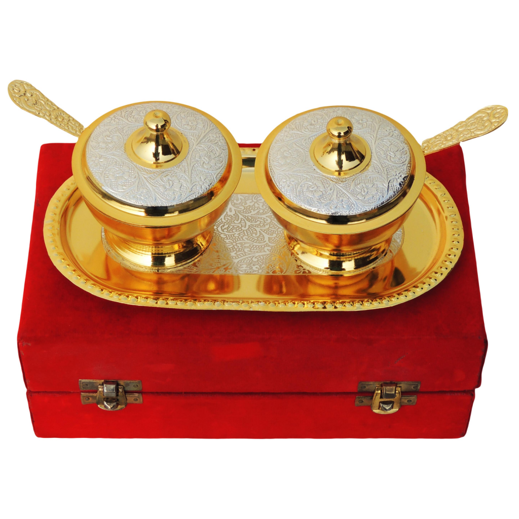 Brass Supari Set With Spoon In 2 Tone Finish - 4 Inch - shrigram organics