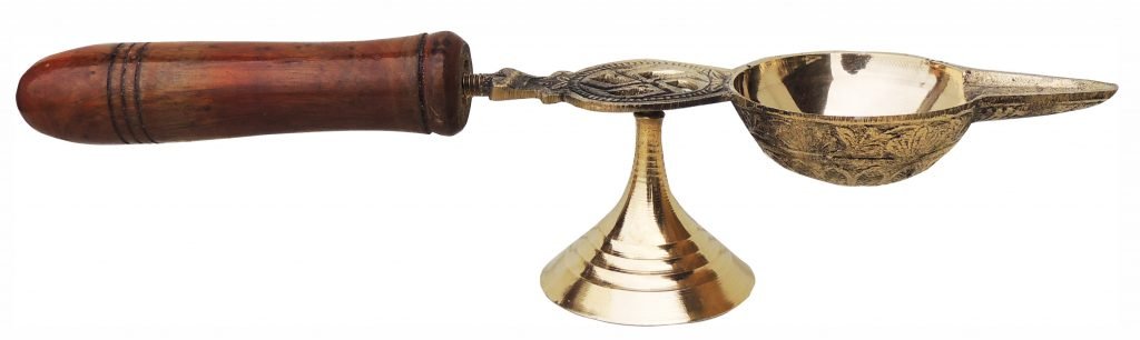 Brass Deepak With Wooden Handle - 10.5 Inch - shrigram organics