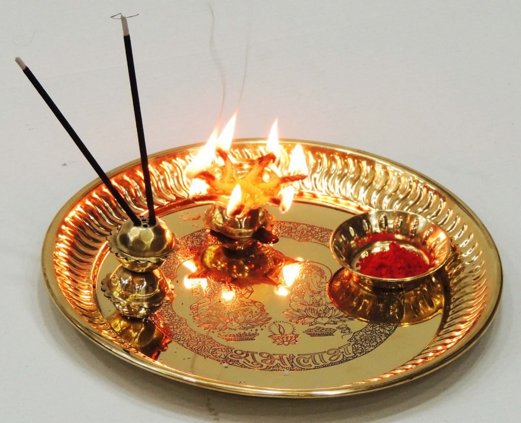Brass Puja Pooja Thali With Deepak Agarbatti Stand And Roli Hold With ...
