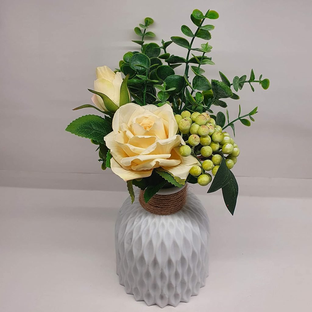 (Artificial Fiber Vase White Pot with Artificial Ivery Rose ...